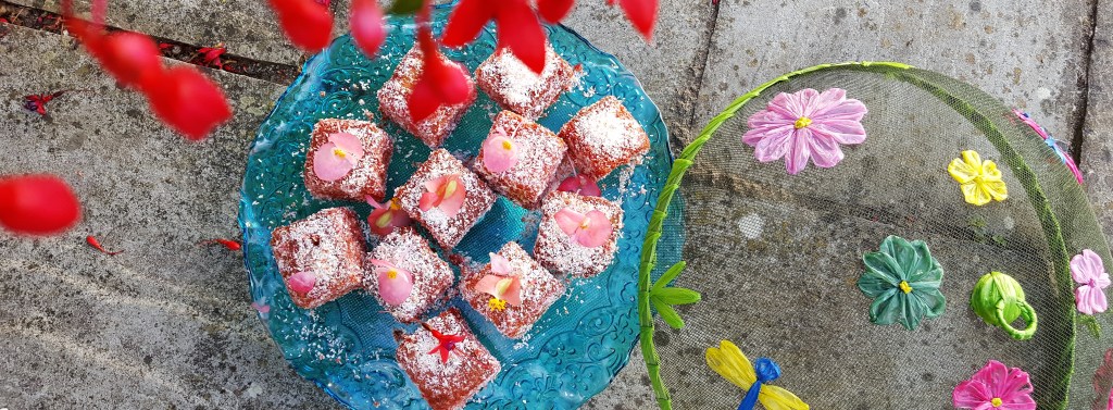 “Gateau Carre Rouge” – Red Lamington Cake – Brinda Bungaroo