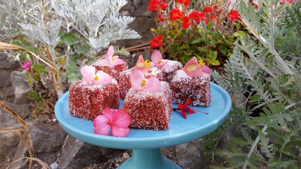 “Gateau Carre Rouge” – Red Lamington Cake – Brinda Bungaroo